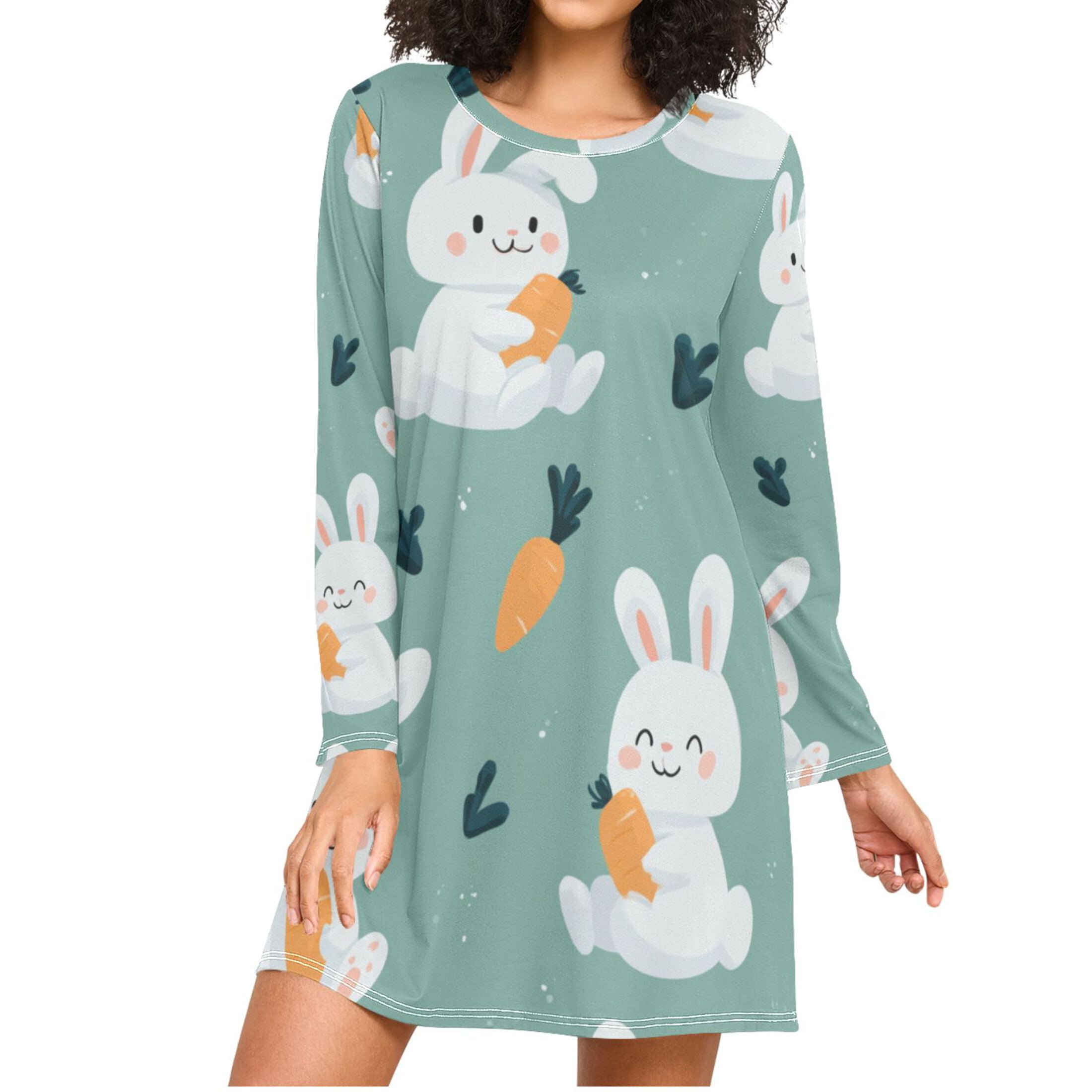 Cartoon Rabbits Eating Carrot Cute Women's Long Sleeves Nightgowns ...
