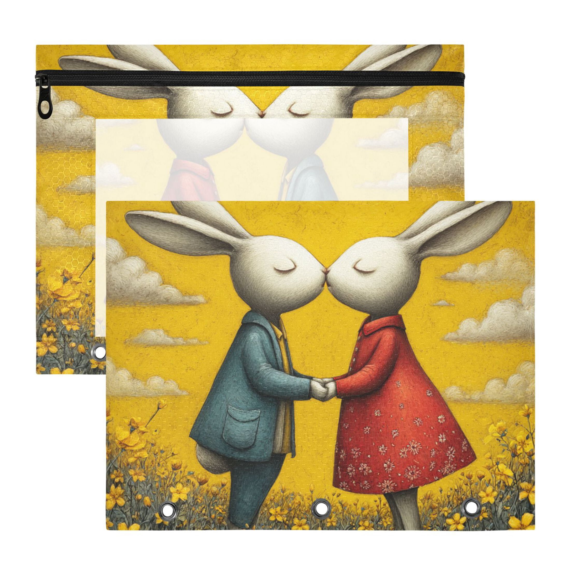Cartoon Rabbits Kiss in Flowers Valentine 3-Ring Binder Pocket with ...