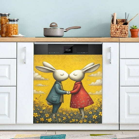 Cartoon Rabbits Kiss in Flowers Valentine Dishwasher Magnet ...