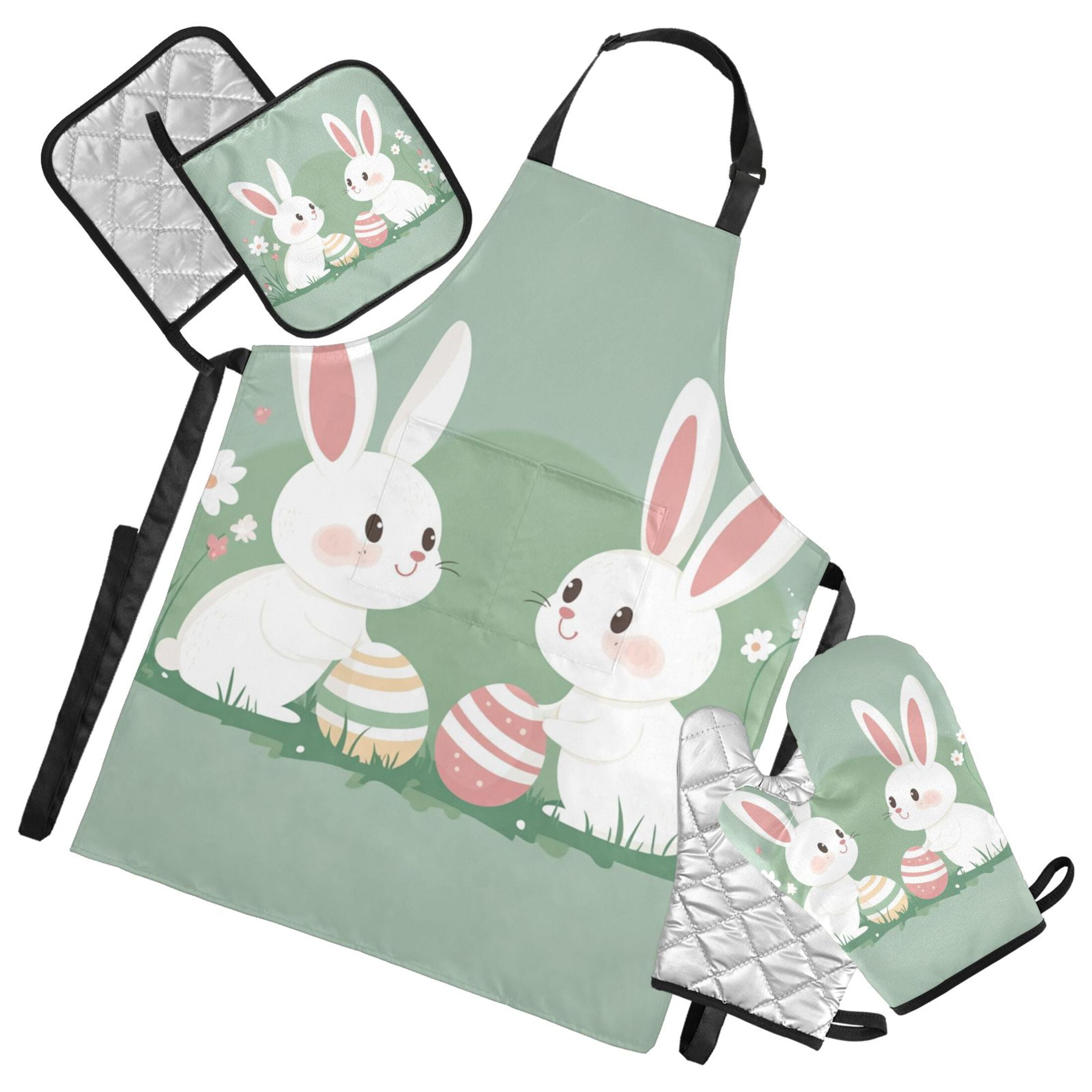 Cartoon Rabbits with Easter Eggs Apron Set with Oven Mitts Pot Holders ...