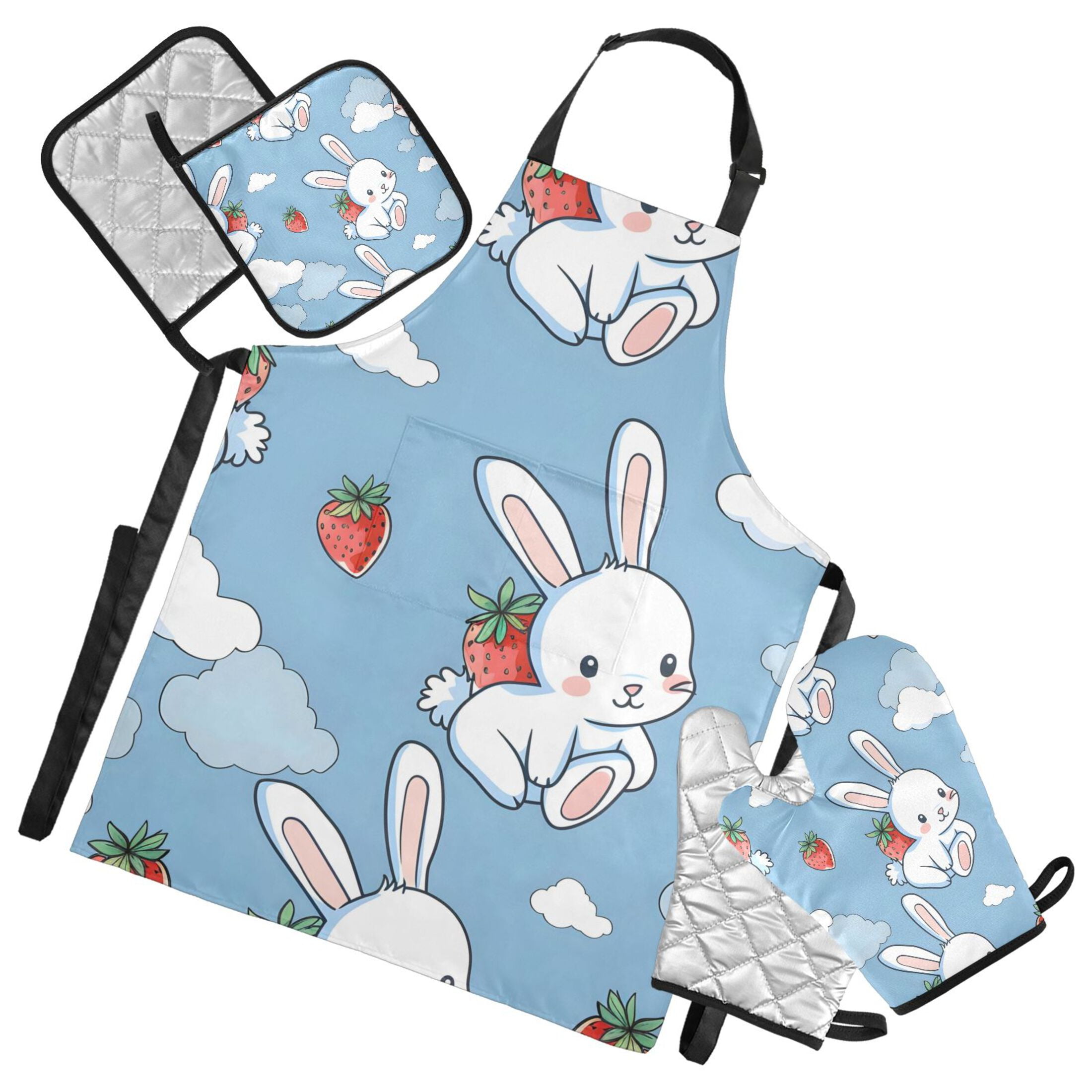 Cartoon Rabbits with Strawberries Clouds Cute Apron Set with Oven Mitts ...