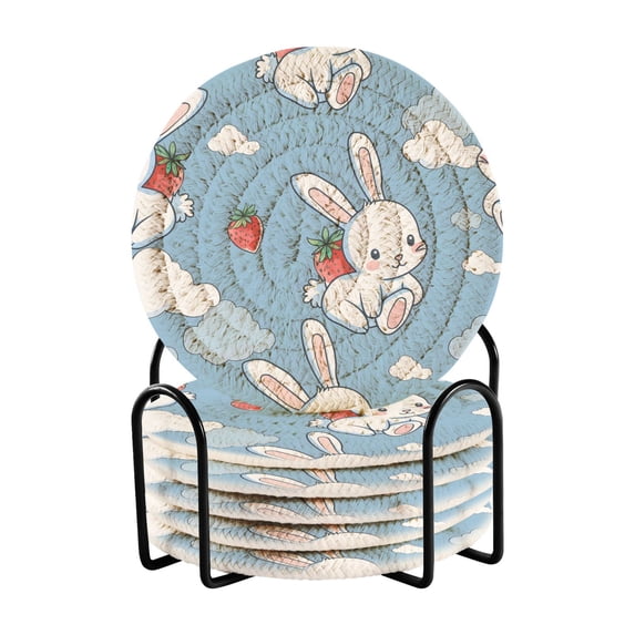 Cartoon Rabbits with Strawberries Clouds Cute Drinking Coasters Cup Mat ...