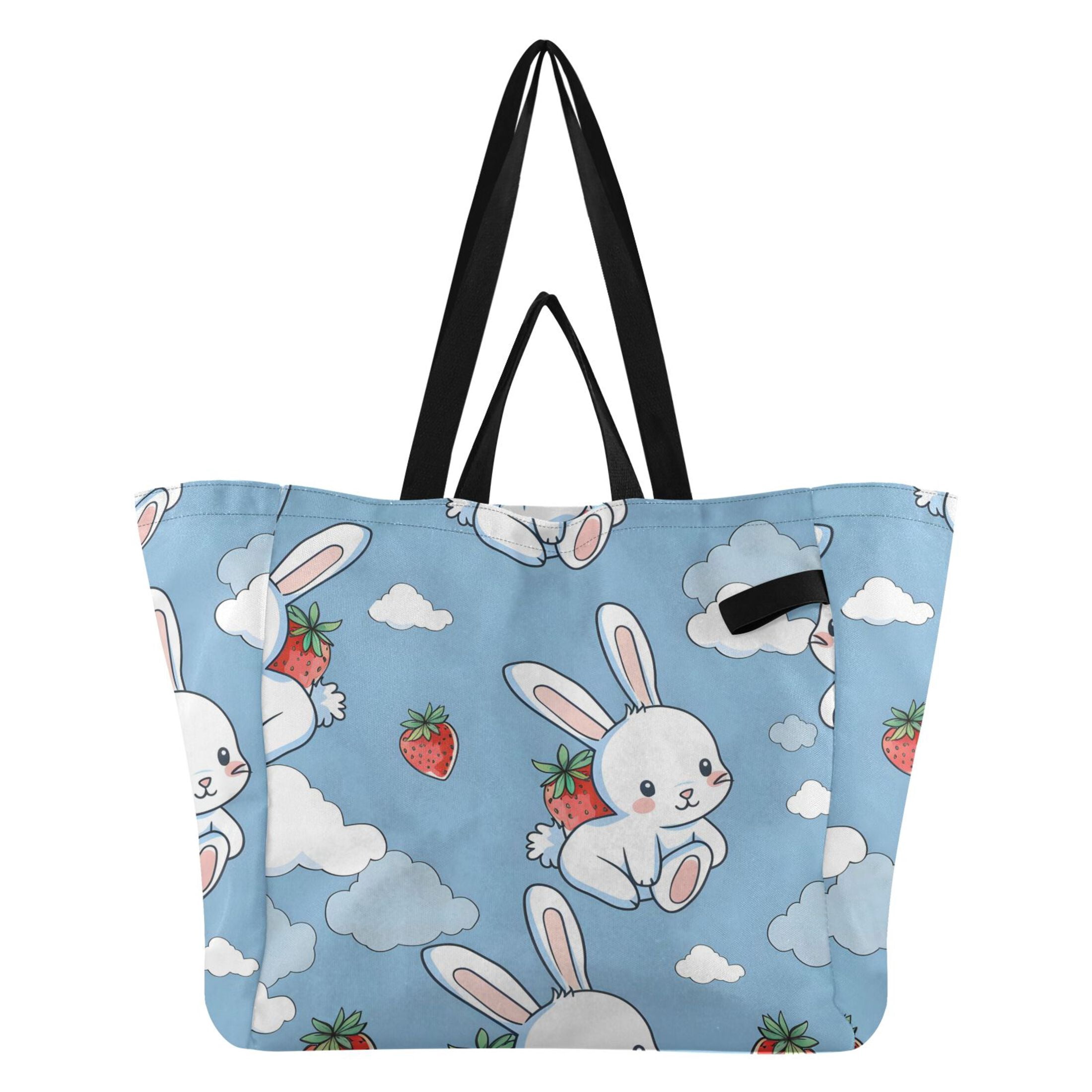 Cartoon Rabbits with Strawberries Clouds Cute Foldable Canvas Tote Bags ...