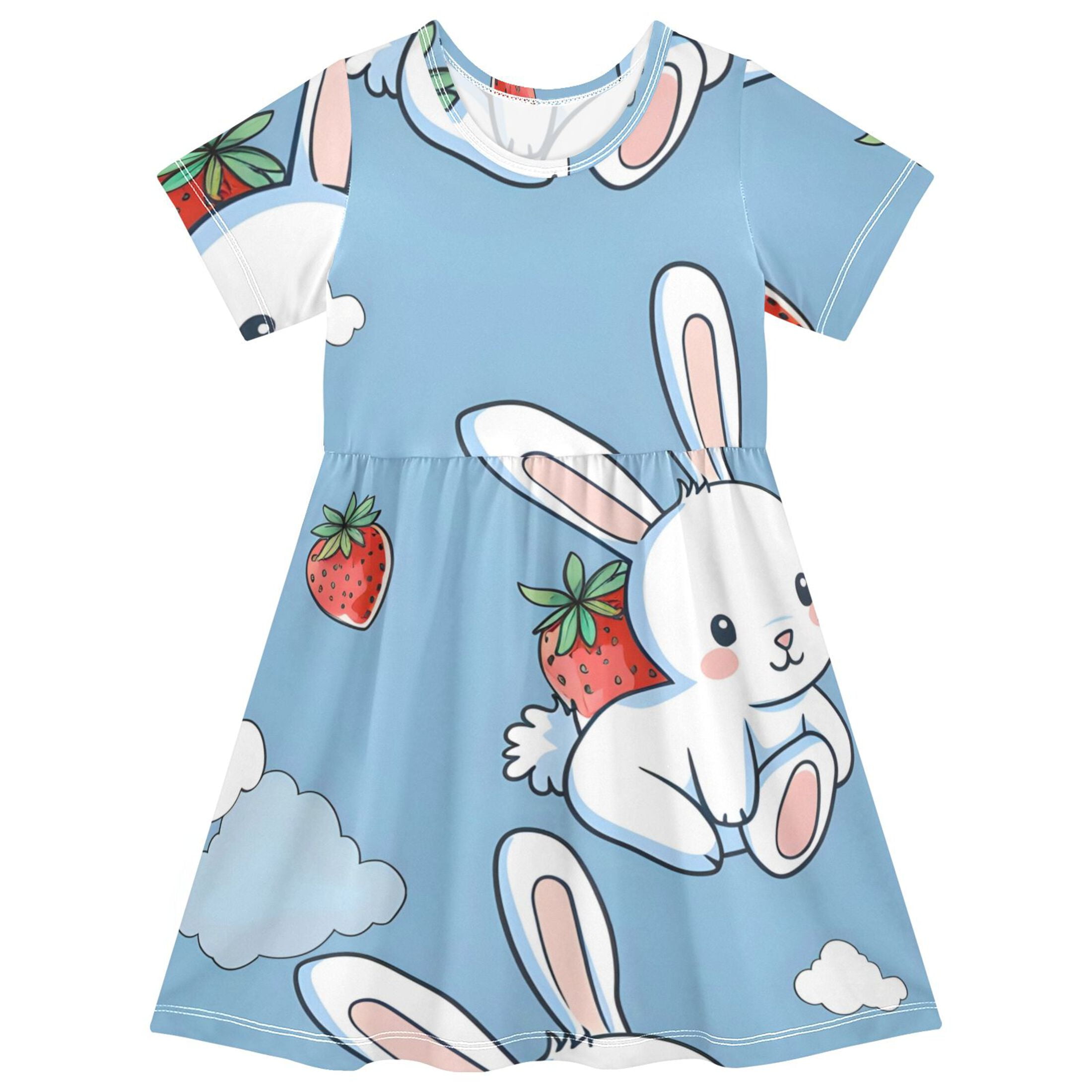 Cartoon Rabbits with Strawberries Clouds Cute Girls' Short Sleeve Dress ...