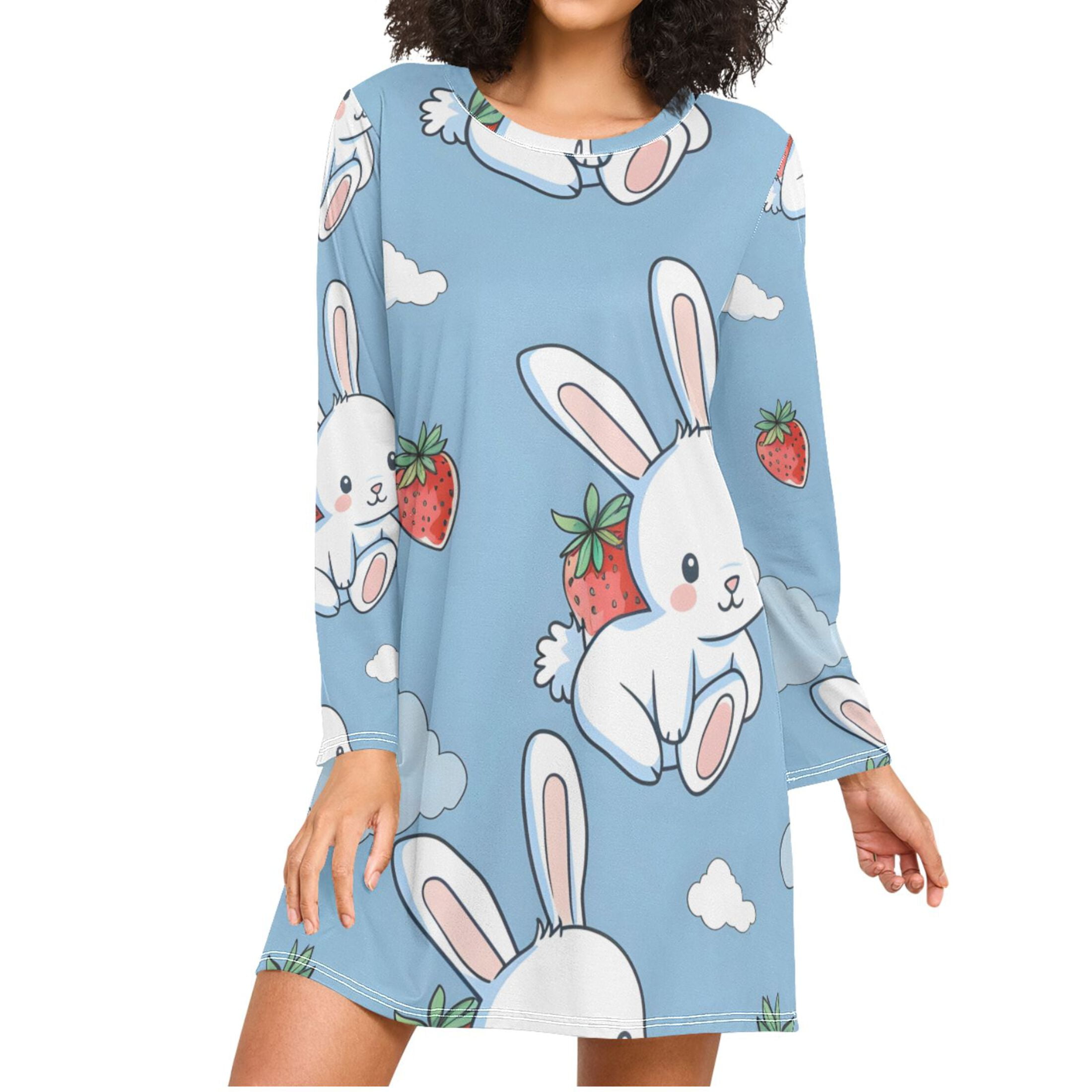 Cartoon Rabbits with Strawberries Clouds Cute Women's Long Sleeves ...