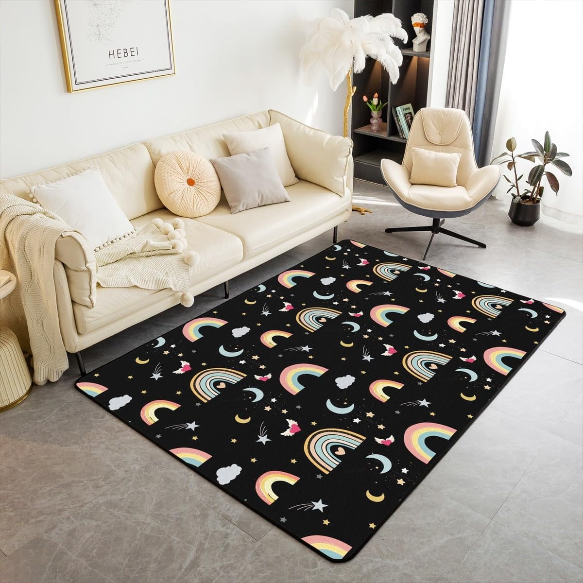 Cartoon Rainbow Area Rug,Moon Stars Love Heart Romantic Indoor Floor ...