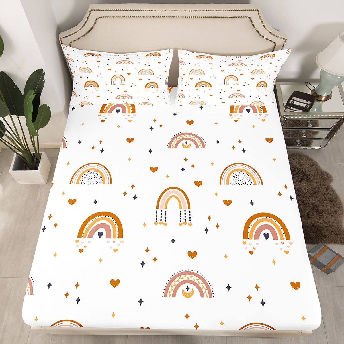 Cartoon Rainbow Bed Sheets Cute Boho Rainbow Print Bedding Set Youth ...