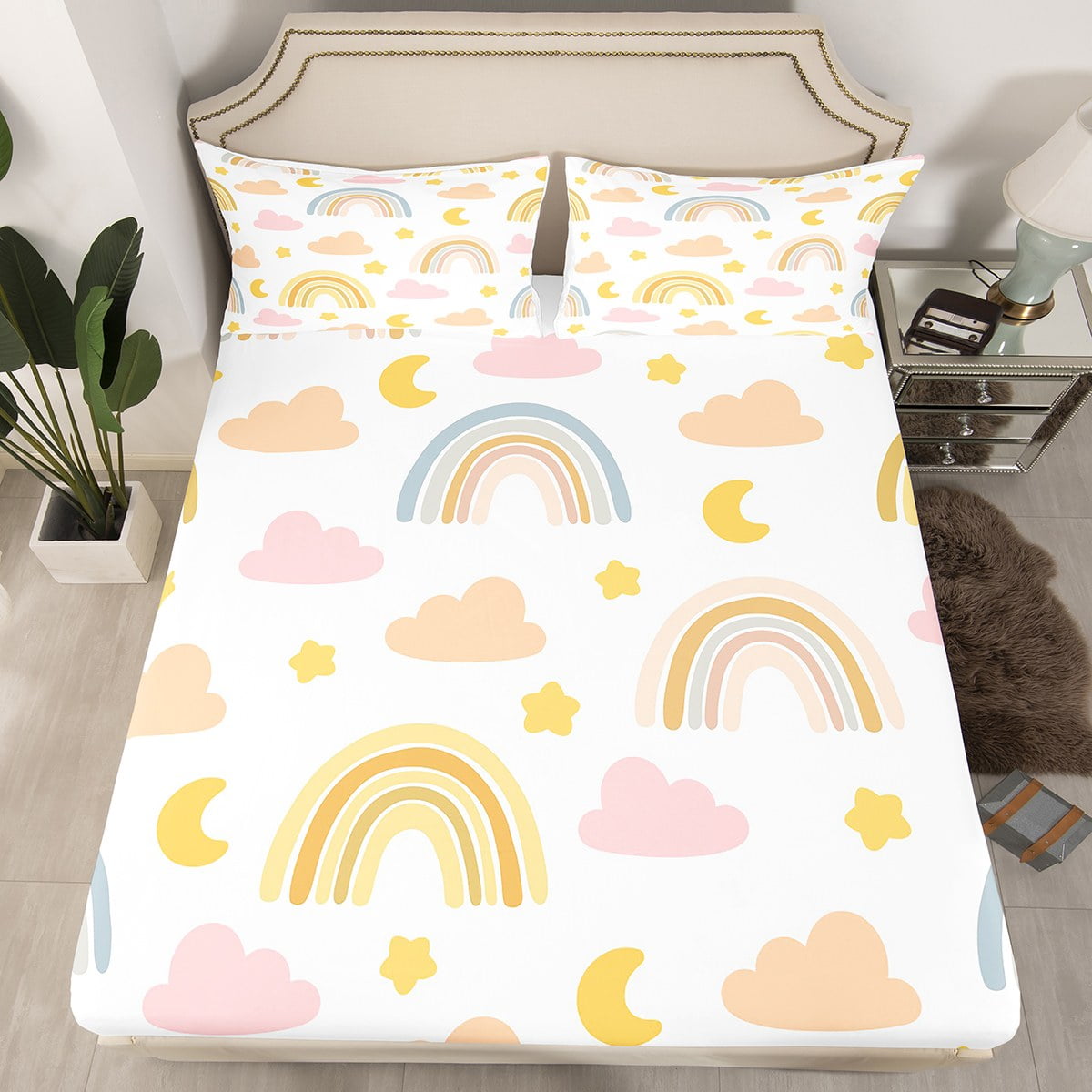 Cartoon Rainbow Bed Sheets for Toddler Boys Girls Clouds and Moon Stars ...