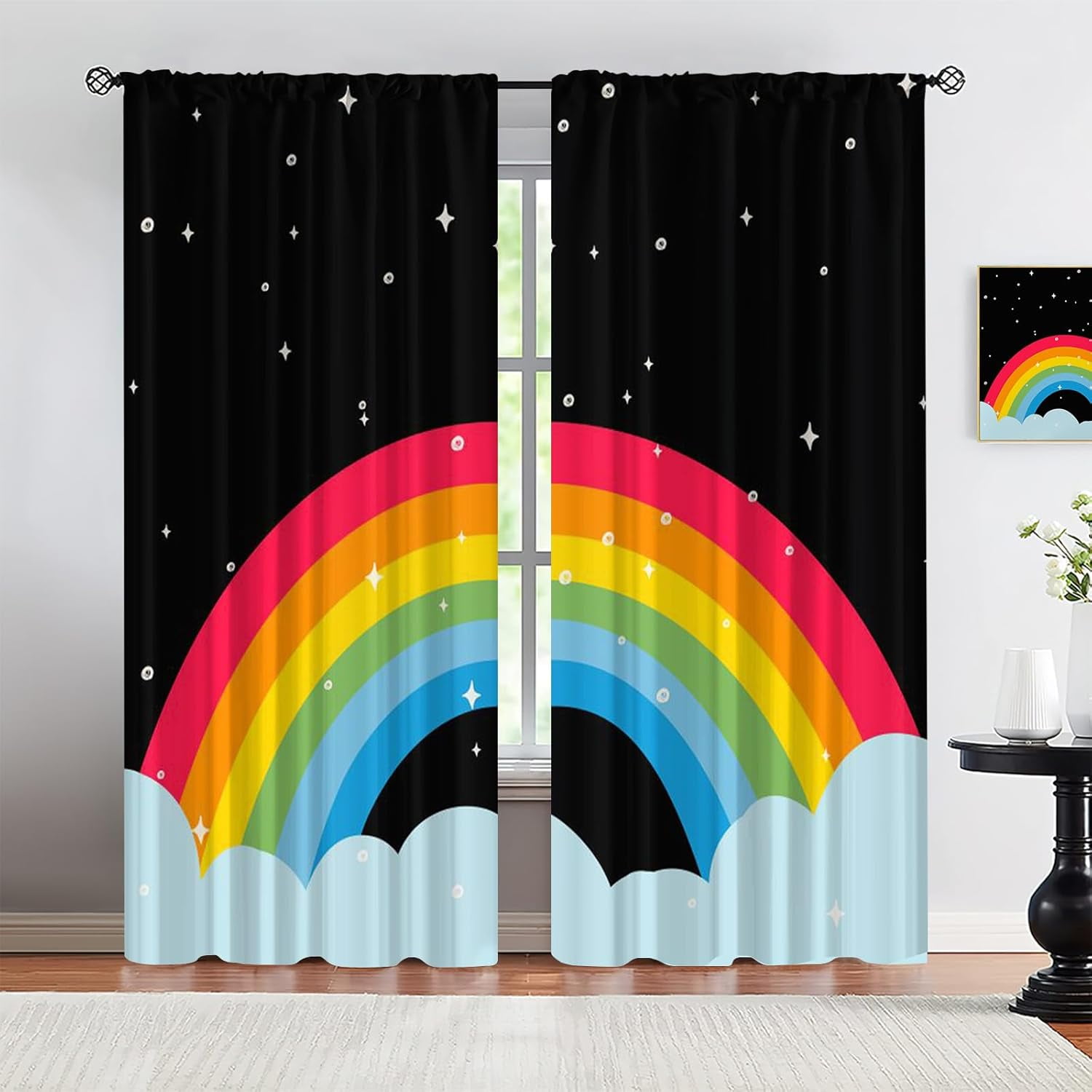 Cartoon Rainbow Blackout Rod Pocket Curtains, Starry Sky Kids Theme ...