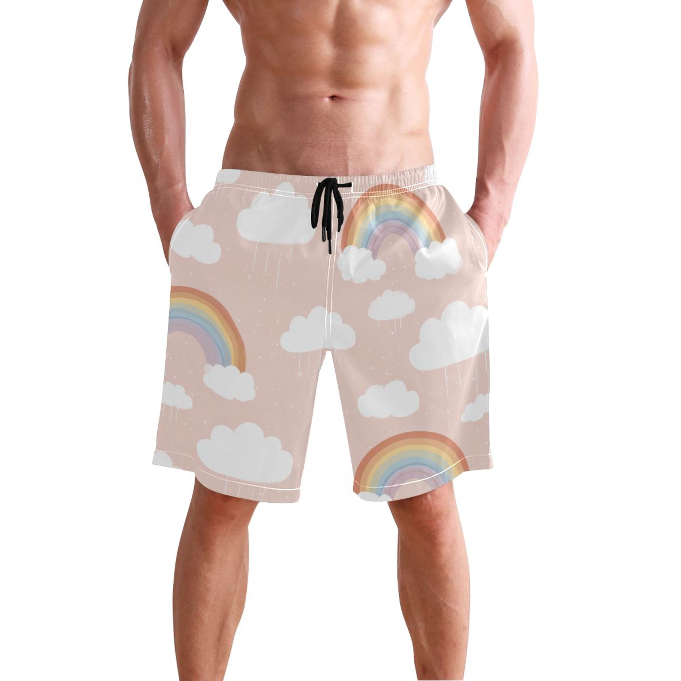 Cartoon Rainbow Clouds Pastel Background Men's Swim Trunks Beach Shorts ...
