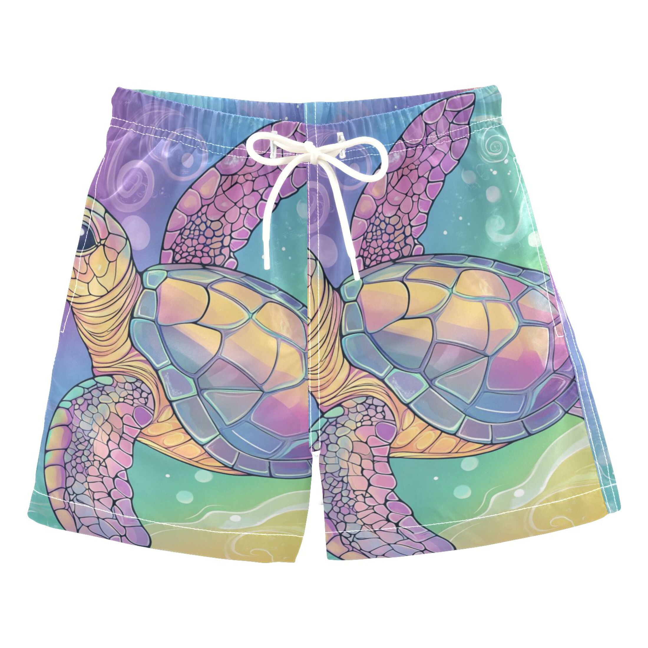Cartoon Rainbow Colored Sea Turtle Boys' Swim Trunks Board Shorts Beach ...