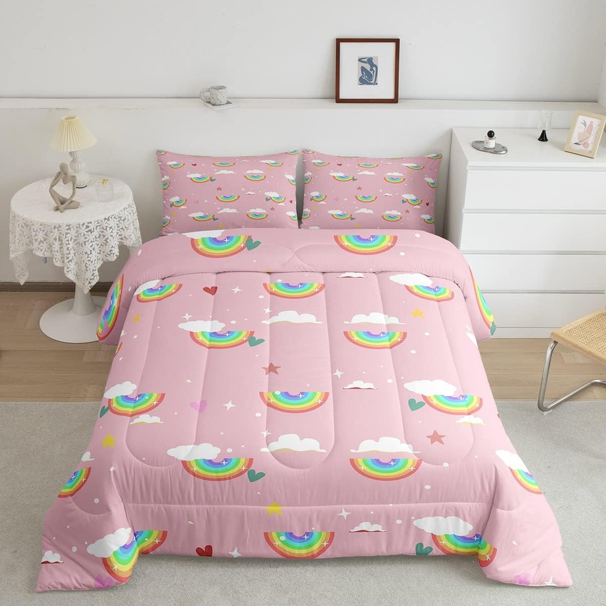 Cartoon Rainbow Comforter Set, Kids Kawaii Cartoon Sun Cloud Duvet ...