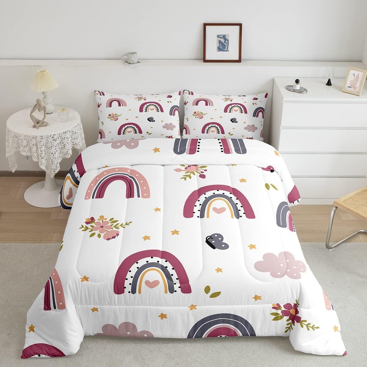 Cartoon Rainbow Comforter Set, Kids Kawaii Cartoon Sun Cloud Duvet ...