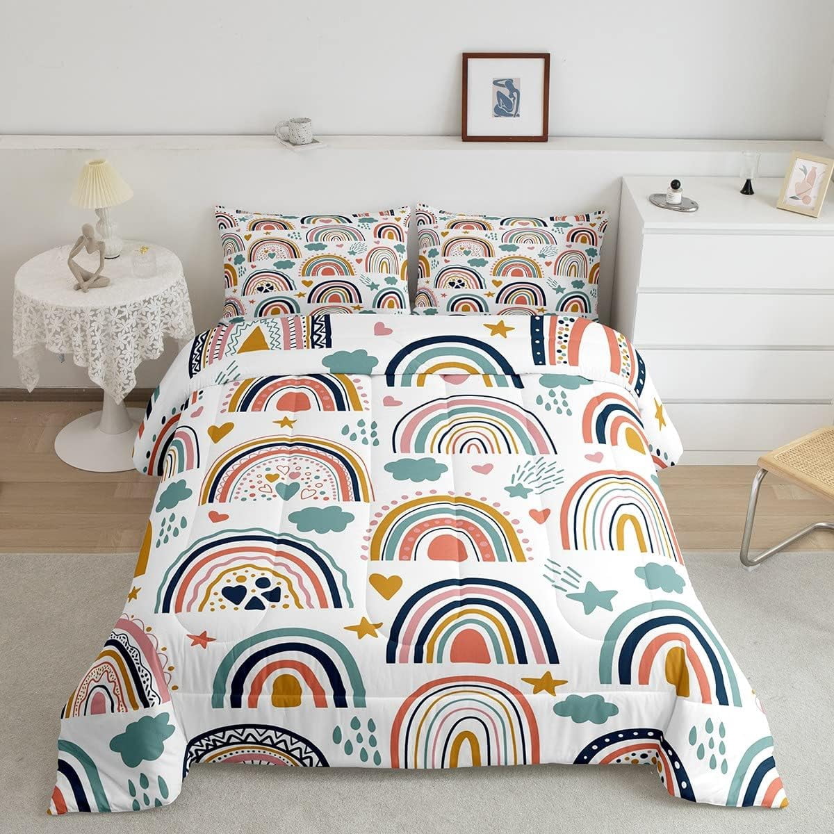 Cartoon Rainbow Comforter Set, Kids Kawaii Cartoon Sun Cloud Duvet ...