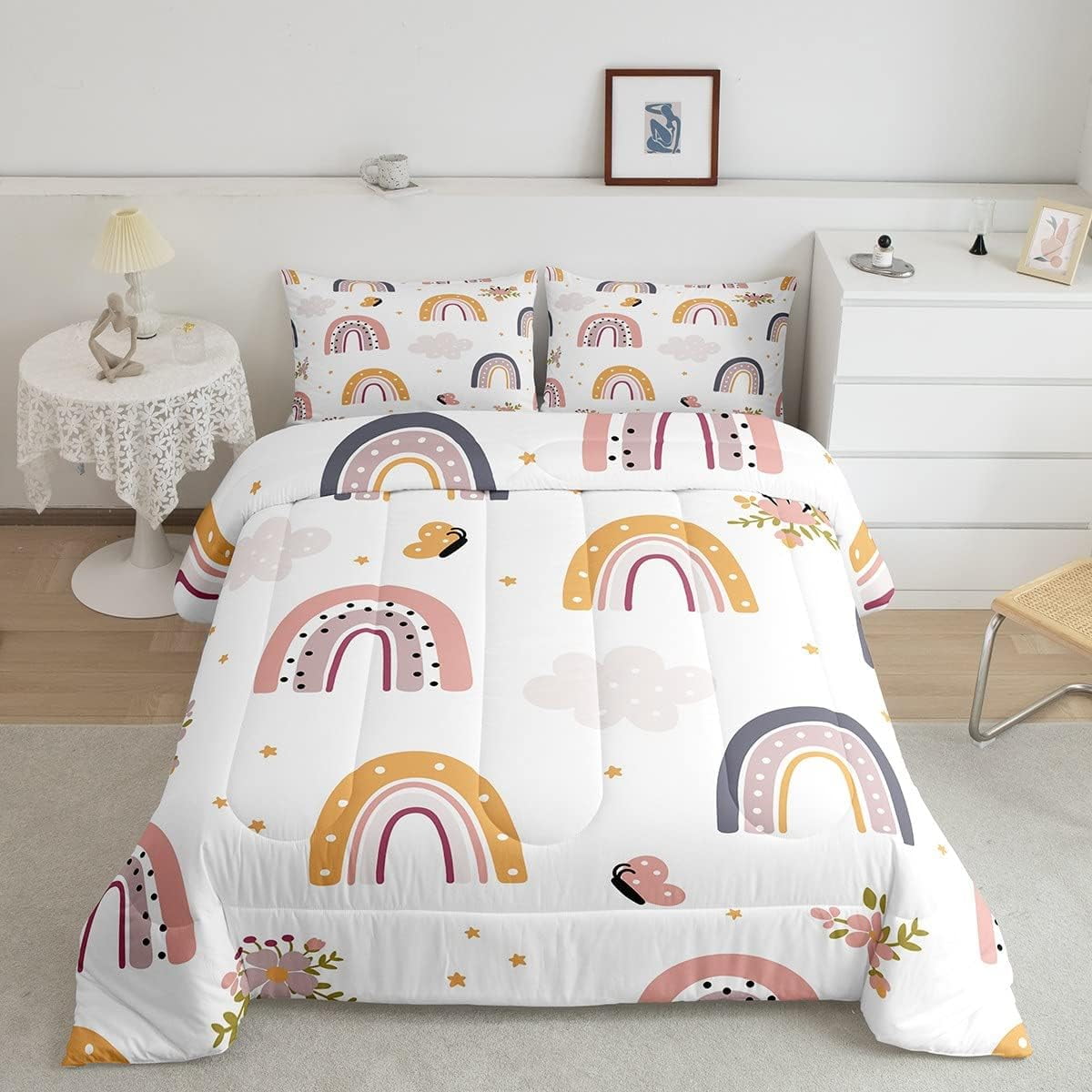 Cartoon Rainbow Comforter Set, Kids Kawaii Cartoon Sun Cloud Duvet ...