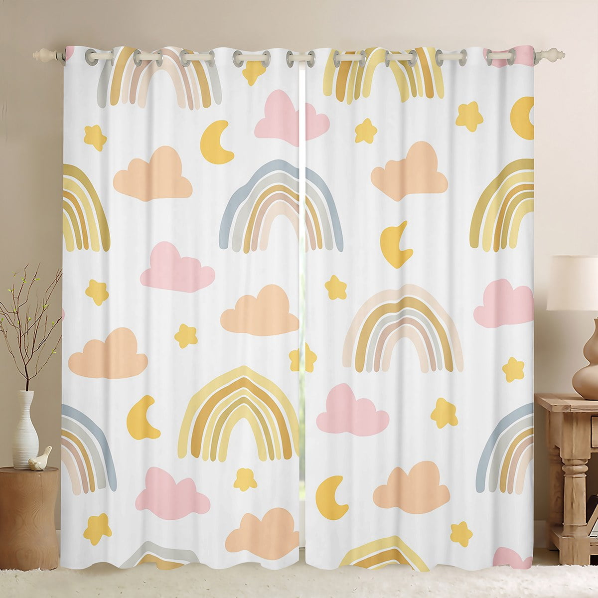 Cartoon Rainbow Curtains Clouds and Moon Stars Boho Curtains & Drapes ...