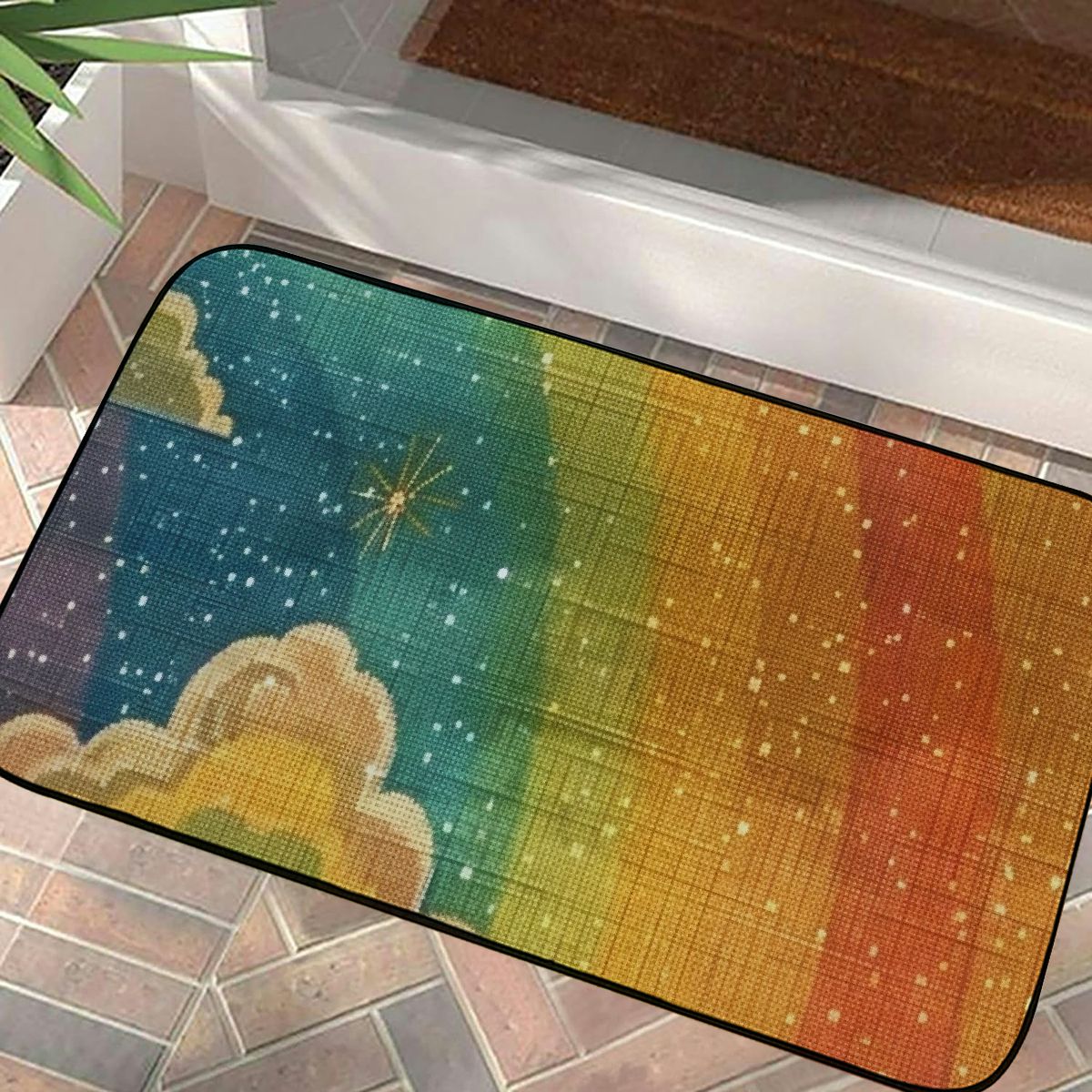 Cartoon Rainbow Door Mat Aesthetic Cute Glitter Star Kids Orange Rubber ...