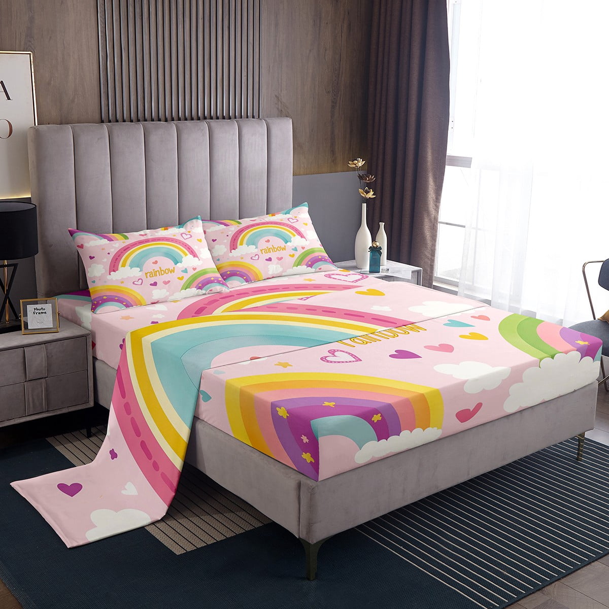 Cartoon Rainbow Full Sheet Sets Woman Kawaii Cloud Pattern Sheets Girly ...