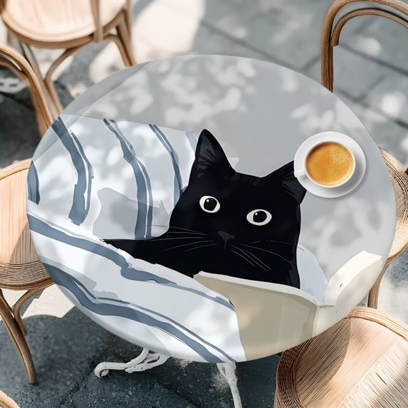 Cartoon Reading Black Cat Round Fitted Tablecloth with Elastic Edge ...