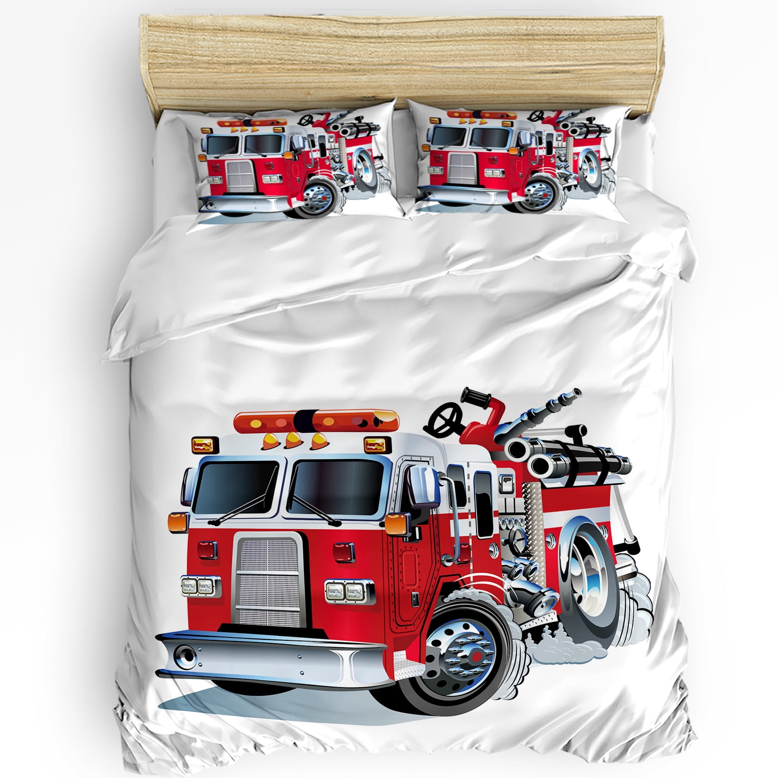 Cartoon Red Fire Truck White Bedding Set 3pcs Duvet Cover Pillowcase ...