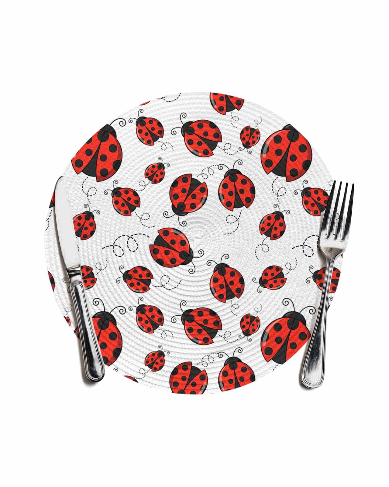 Cartoon Red Ladybirds Round Table Placemats 1 pc, White Washable Woven ...