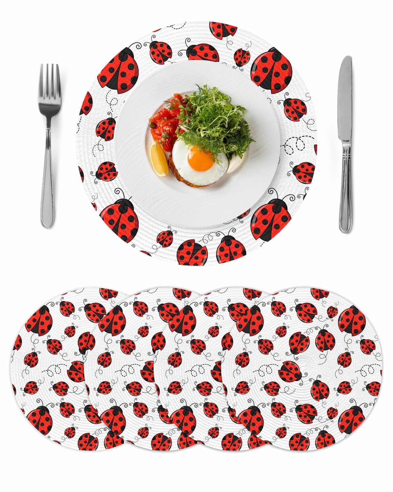Cartoon Red Ladybirds Round Table Placemats set of 4, White Washable ...
