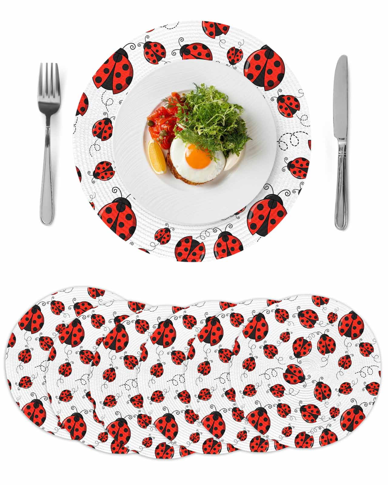Cartoon Red Ladybirds Round Table Placemats set of 6, White Washable ...