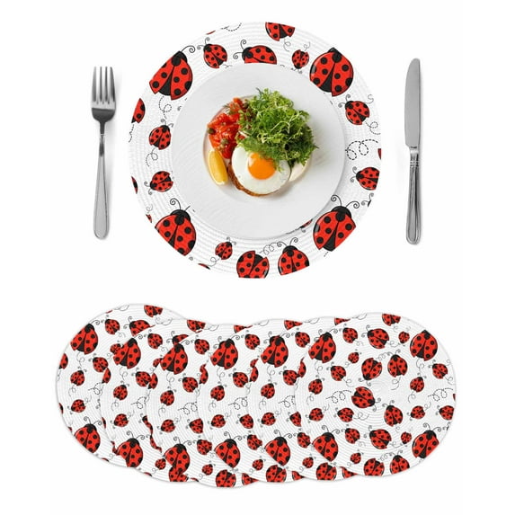 Cartoon Red Ladybirds Round Table Placemats set of 6, White Washable ...