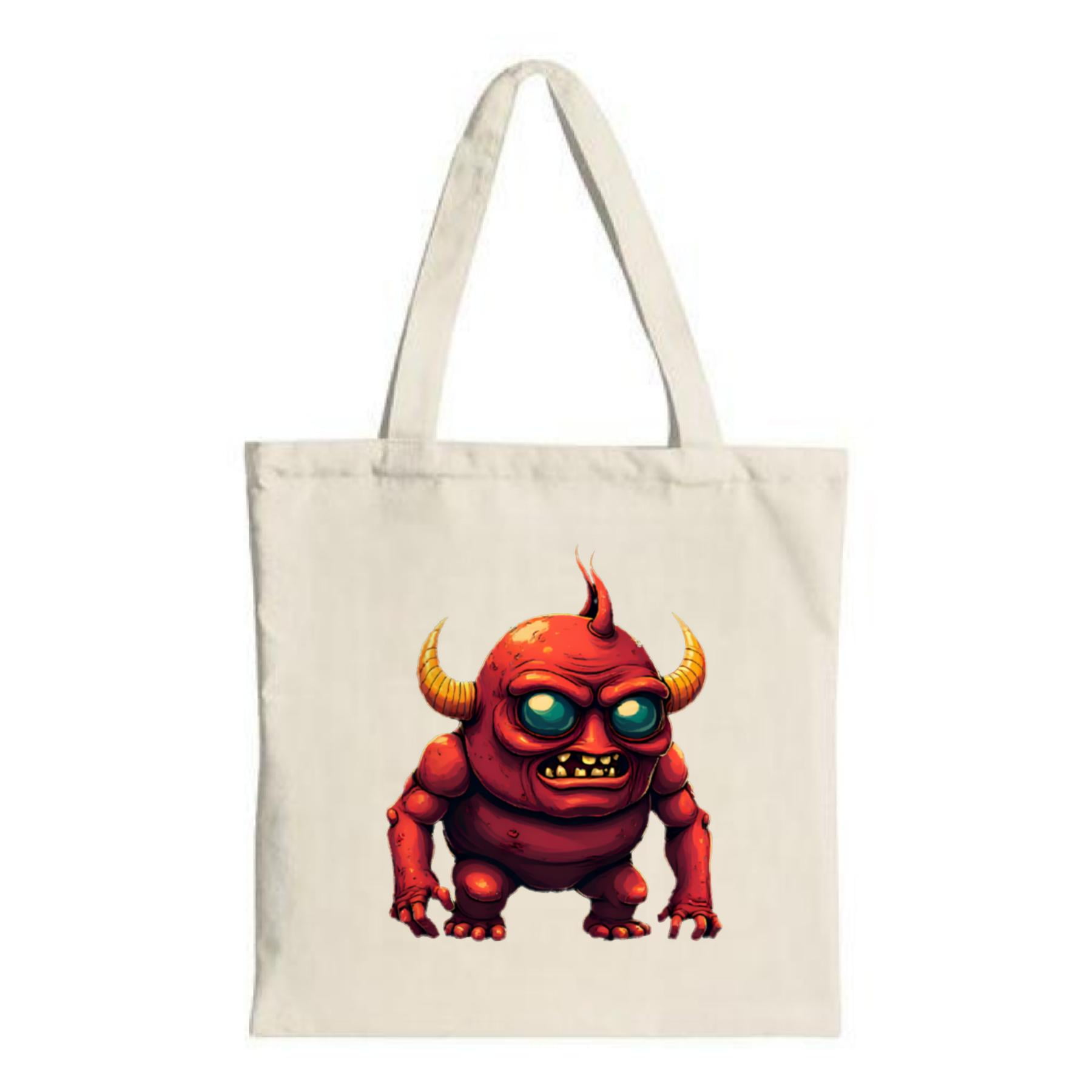 Cartoon Red Monster Tote Bag - Fun Canvas Bag with Yellow Eyes & Horns ...