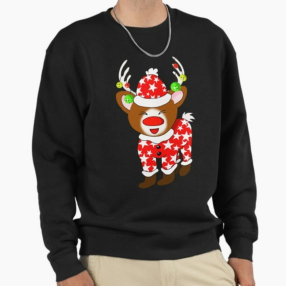 Cartoon Red Nose Reindeer In Pyjamas Graphic Unisex Sweatshirt Cute ...