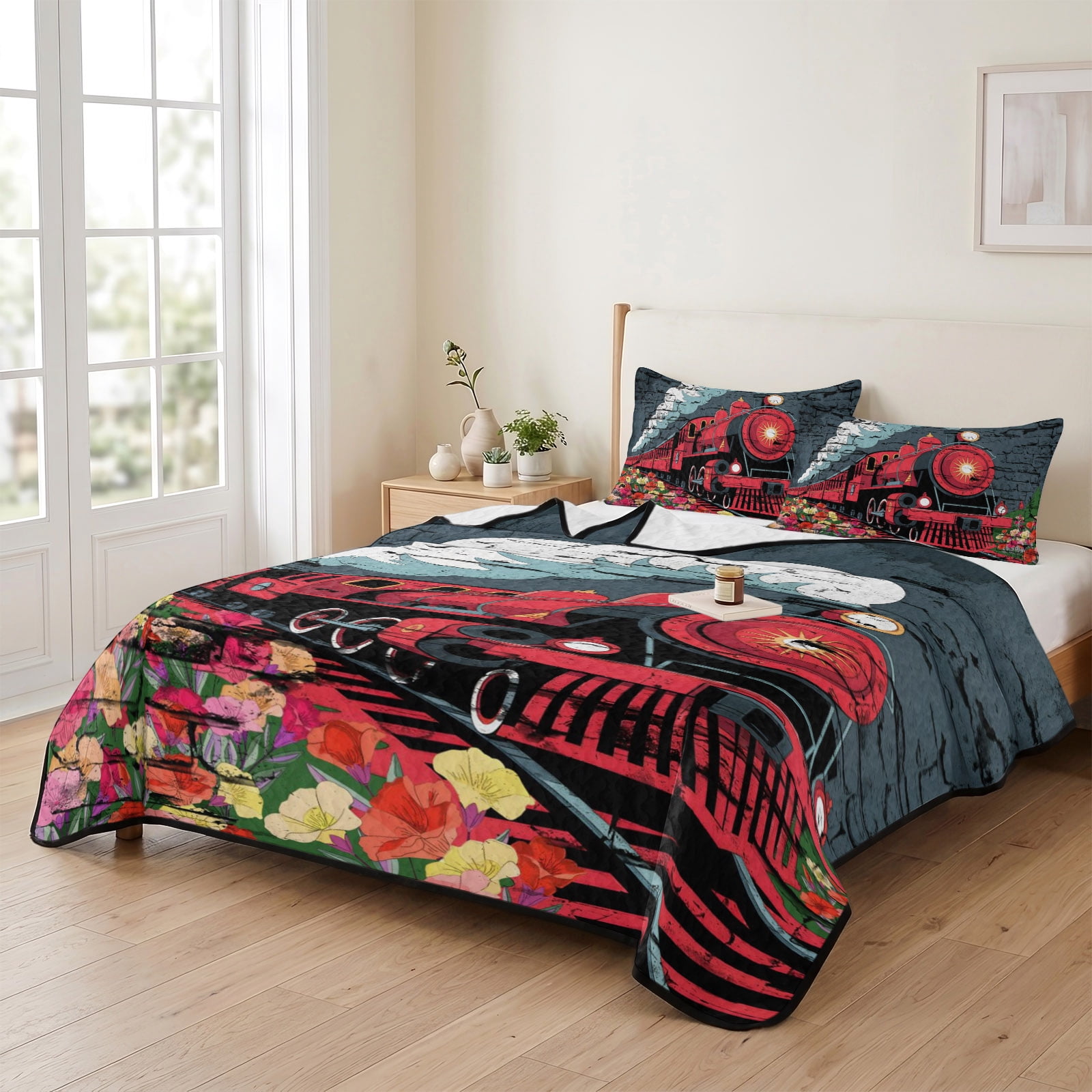 Cartoon Red Trains Watercolor Flower 3 Pieces Quilt Set,1 Quilt with 2 ...