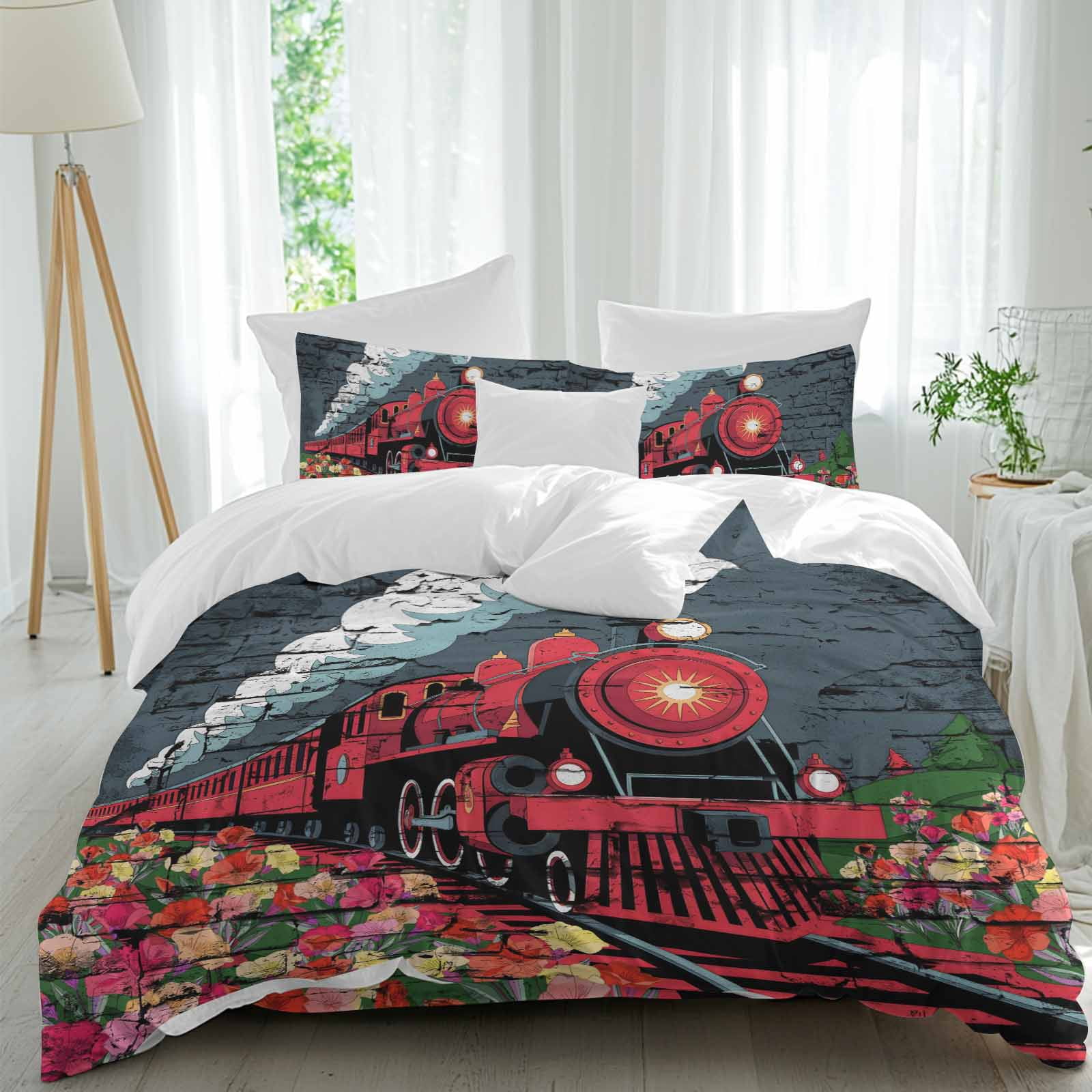 Cartoon Red Trains Watercolor Flower Queen Size Bed Set,Floral Leaves ...