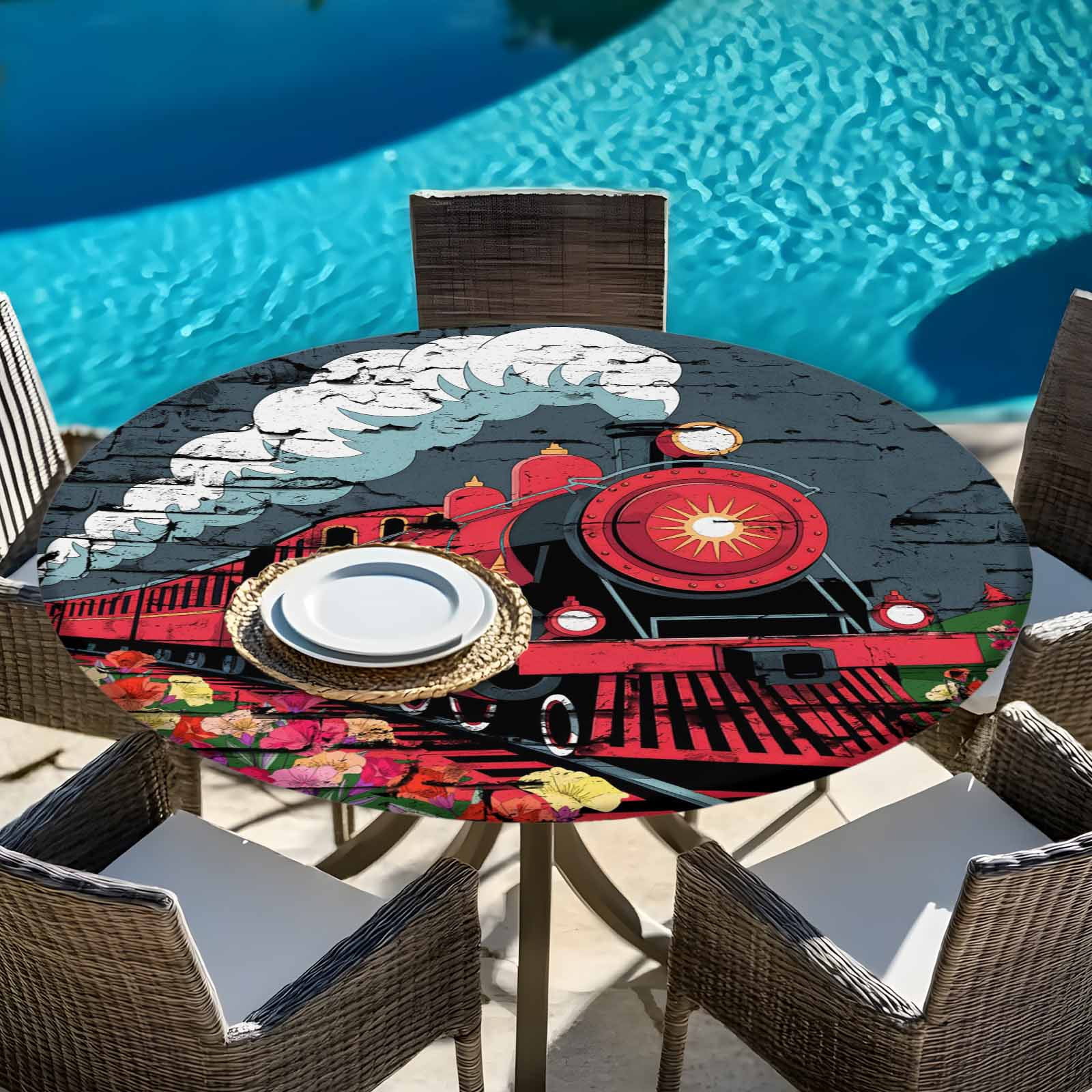 Cartoon Red Trains Watercolor Flower Round Fitted Tablecloth with ...