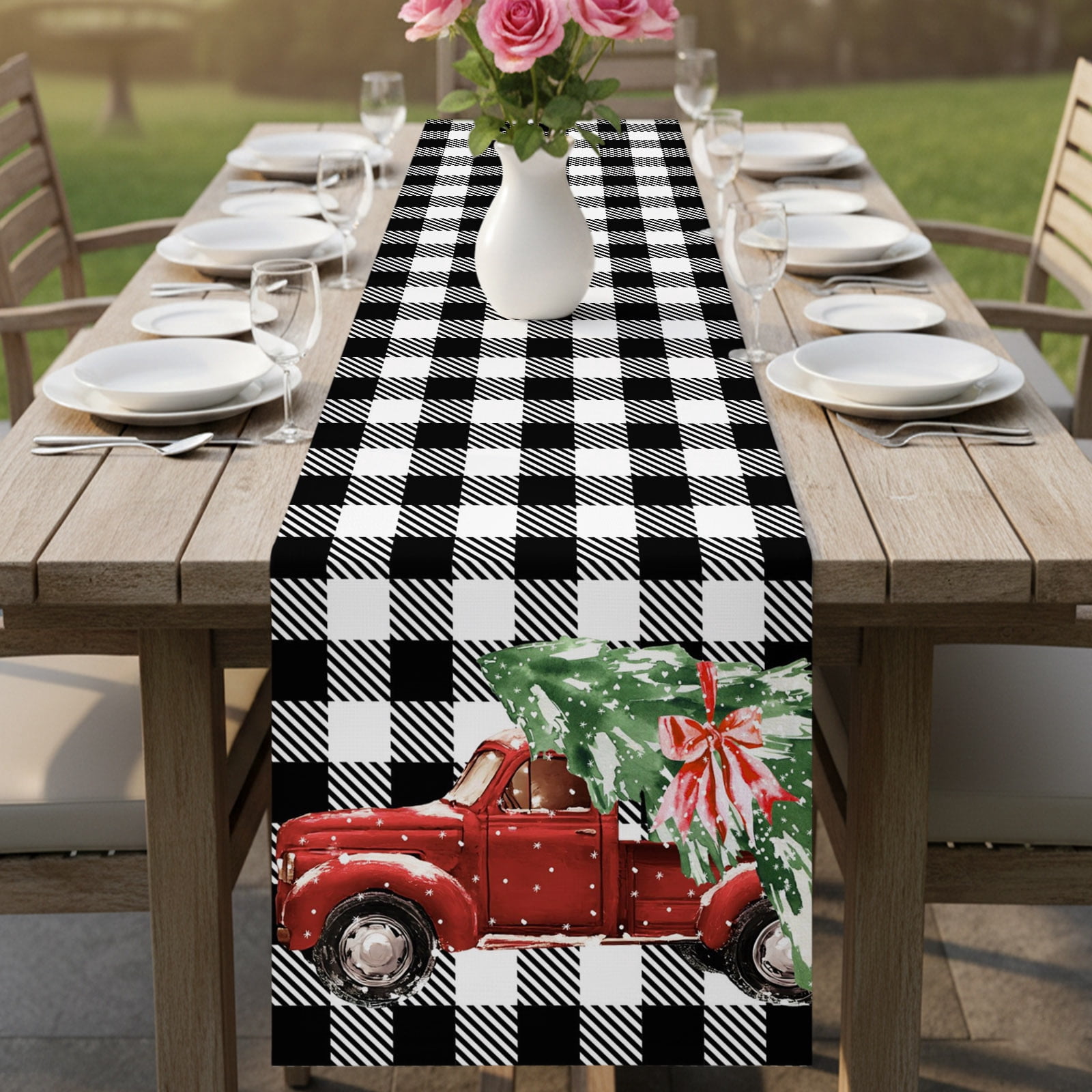 Cartoon Red Truck Xmas Tree Table Runner 13x36in Non-Slip Cotton Linen ...