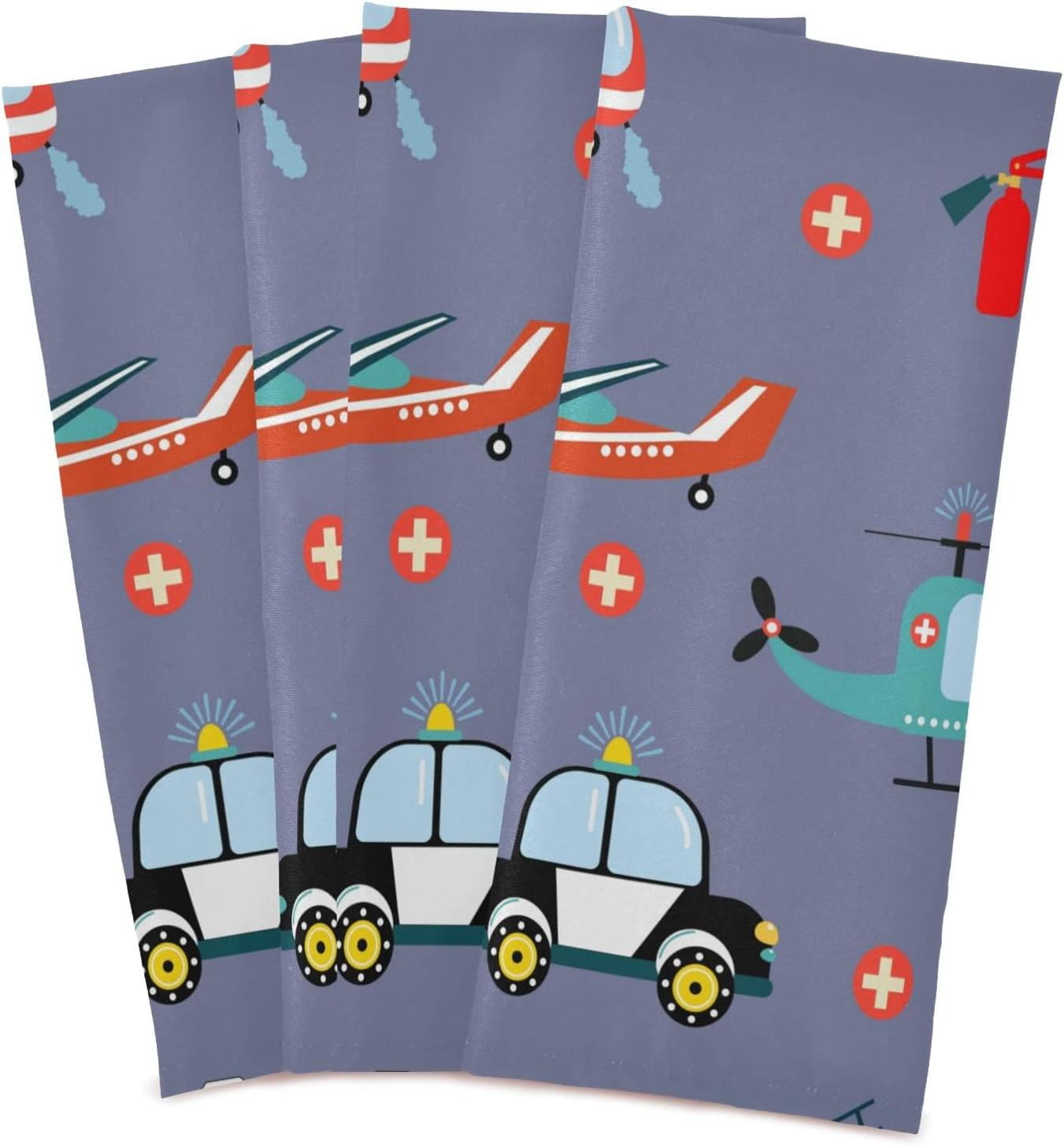 Cartoon Rescue Car Team Dish Towels Set of 4, Helicopter Police Car ...