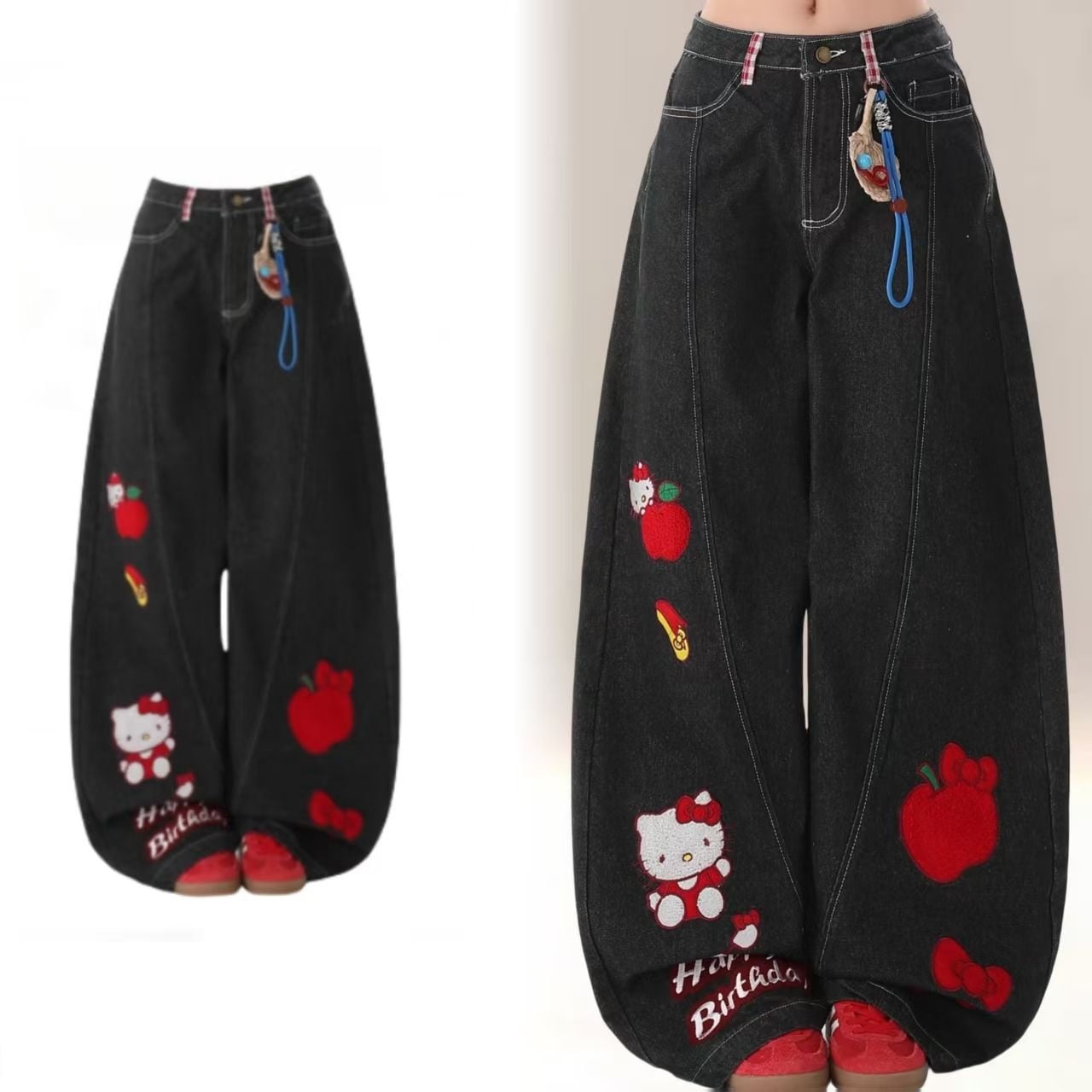 Cartoon Retro Women Jeans Y2K Hello Kitty Sanrio Loose Anime Wide Leg ...