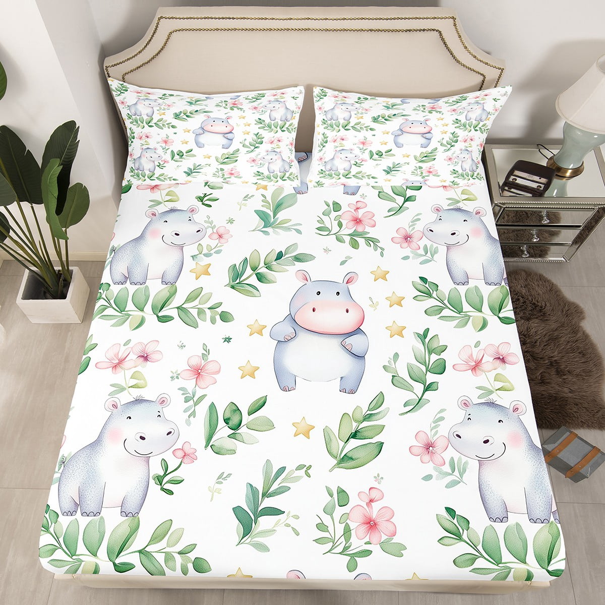 Cartoon Rhino Fitted Sheet Botancial Flower Painting Full Bed Set ...