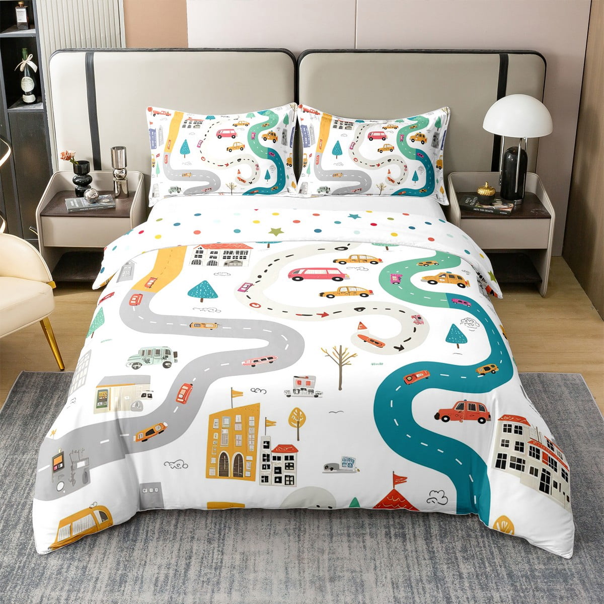 Cartoon Road 100% Cotton Duvet Cover King Size,Transport Vehicle Cars ...