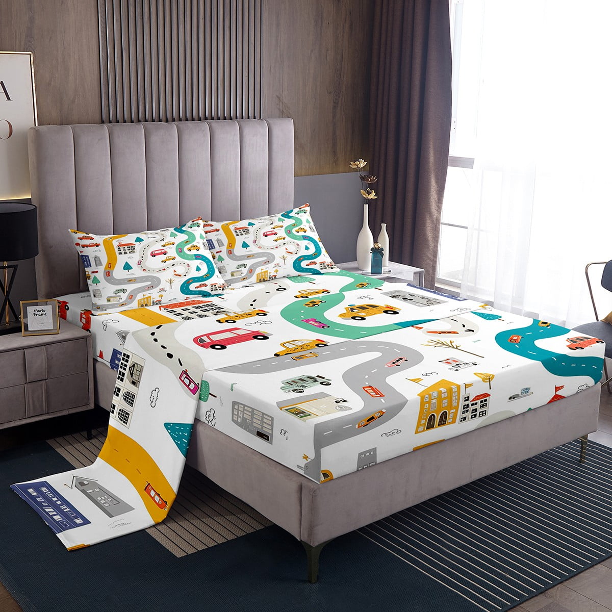 Cartoon Road Bed Sheets Set Full,Transport Vehicle Cars Sheet Set,Road ...