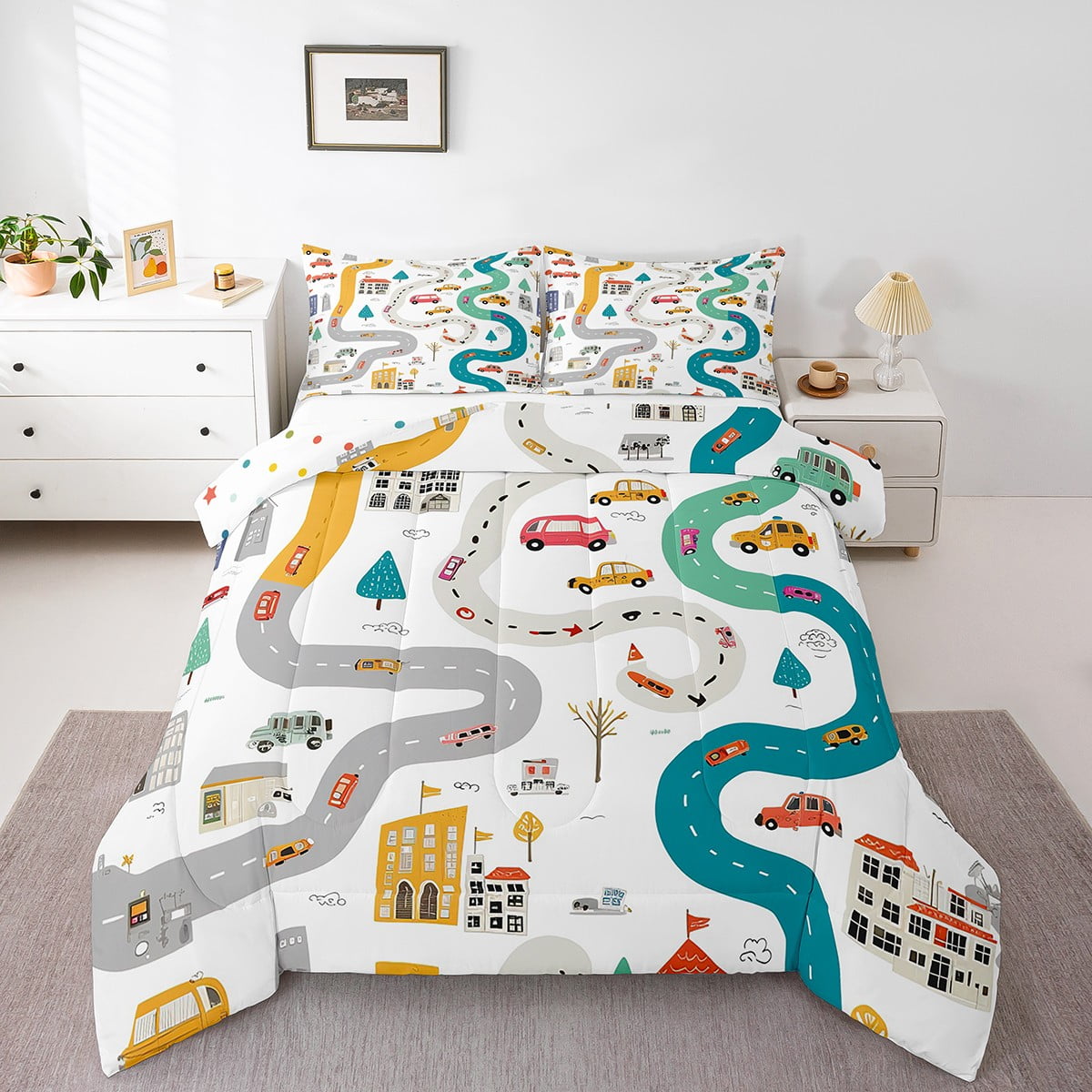 Cartoon Road Queen Comforter Set,Transport Vehicle Cars Bedding Set ...