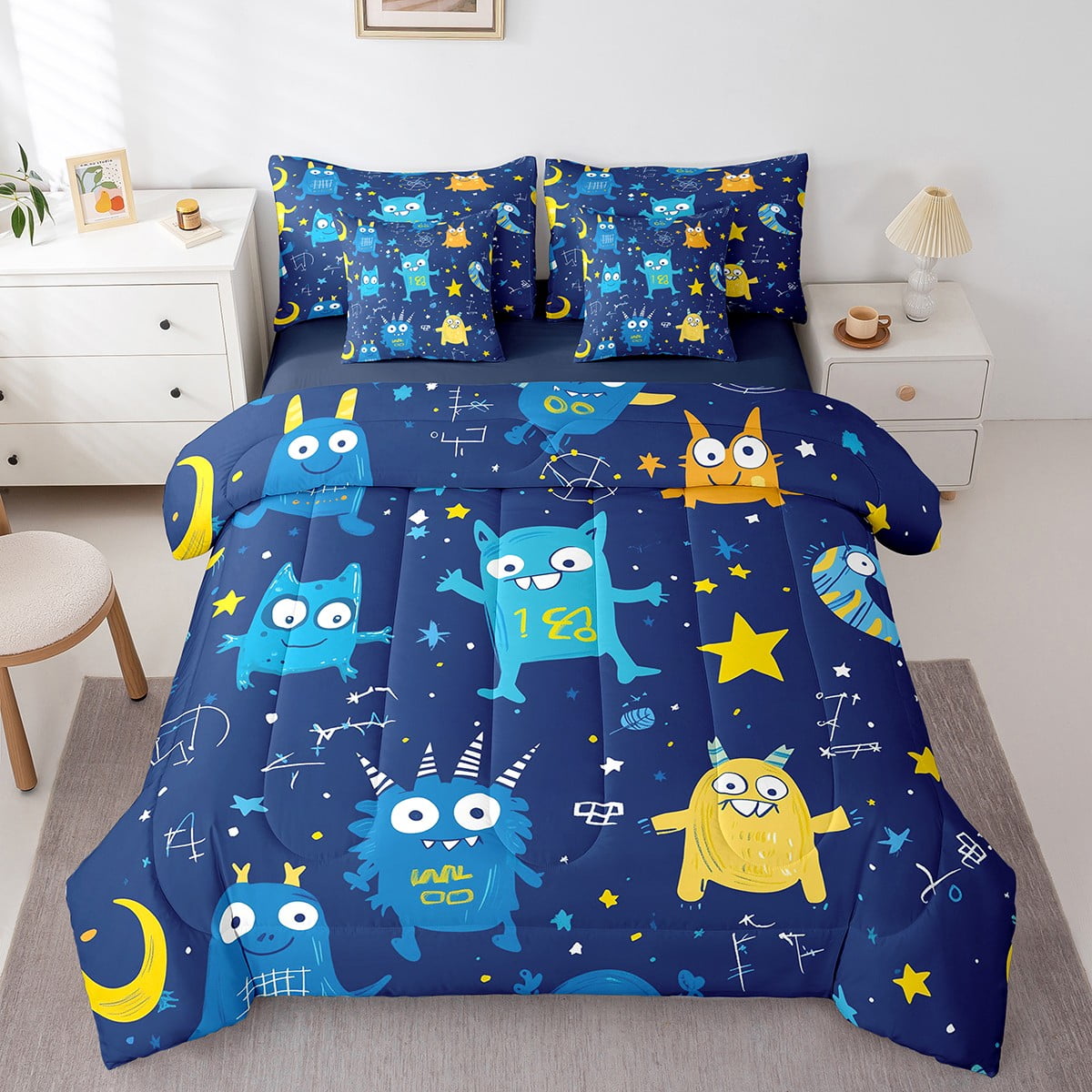 Cartoon Robot Bedding Set Navy Blue Galaxy Starry Sky King Comforter ...