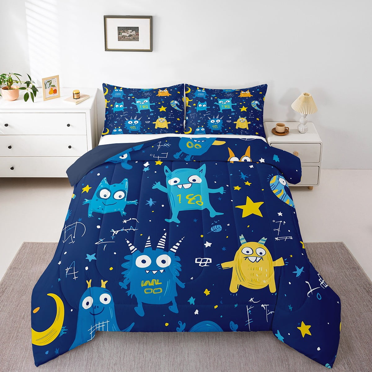 Cartoon Robot Bedding Set Navy Blue Galaxy Starry Sky Queen Comforter ...