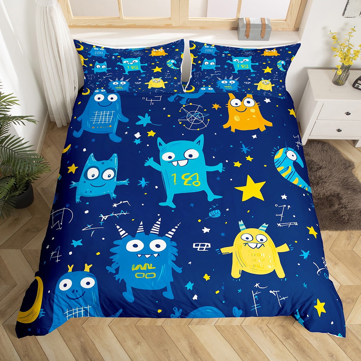 Cartoon Robot Bedding Set Navy Blue Galaxy Starry Sky Twin Comforter ...