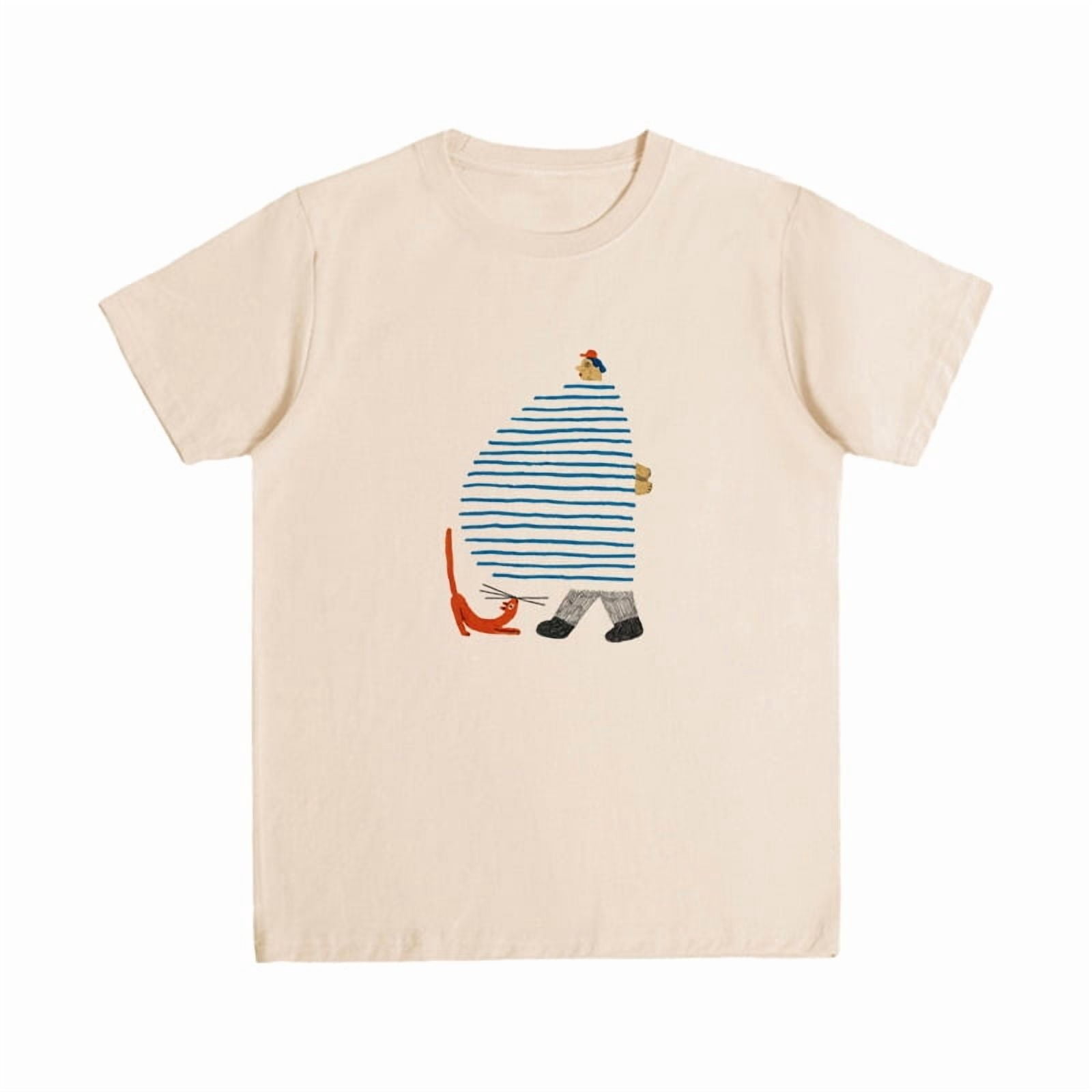 Cartoon Robot Cat Graphic Short Sleeve Crew Neck Women Cotton Casual ...