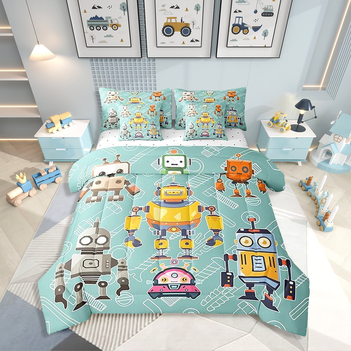 Cartoon Robot Comforter Set Full Size 7 Pcs,Colorful Intelligent ...