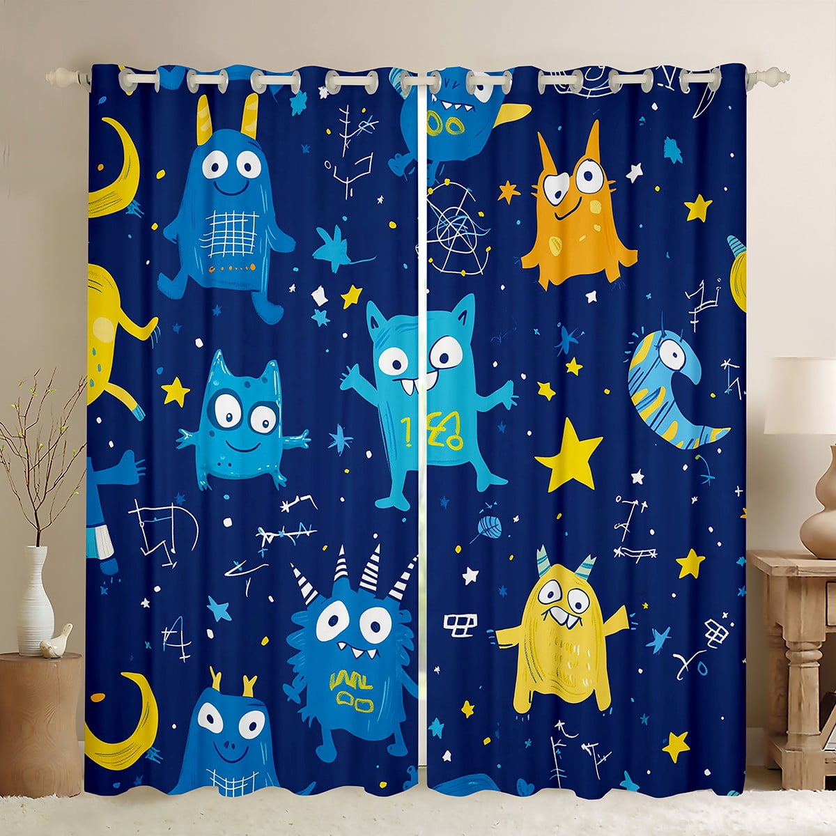 Cartoon Robot Curtains & Drapes Navy Blue Galaxy Starry Sky (42Wx84L) 2 ...