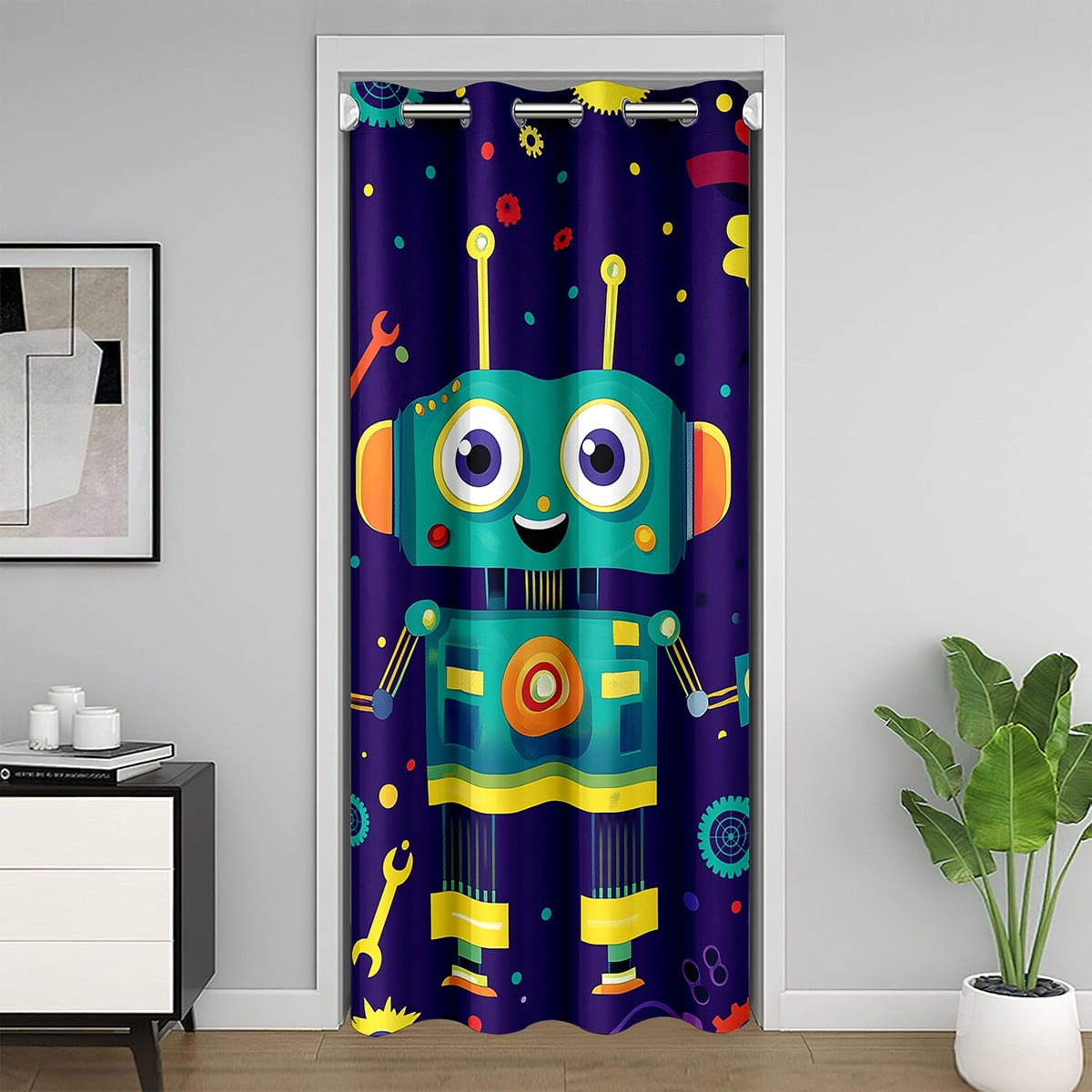 Cartoon Robot Door Curtain Construction Tools Doorway Curtain 52" W X ...