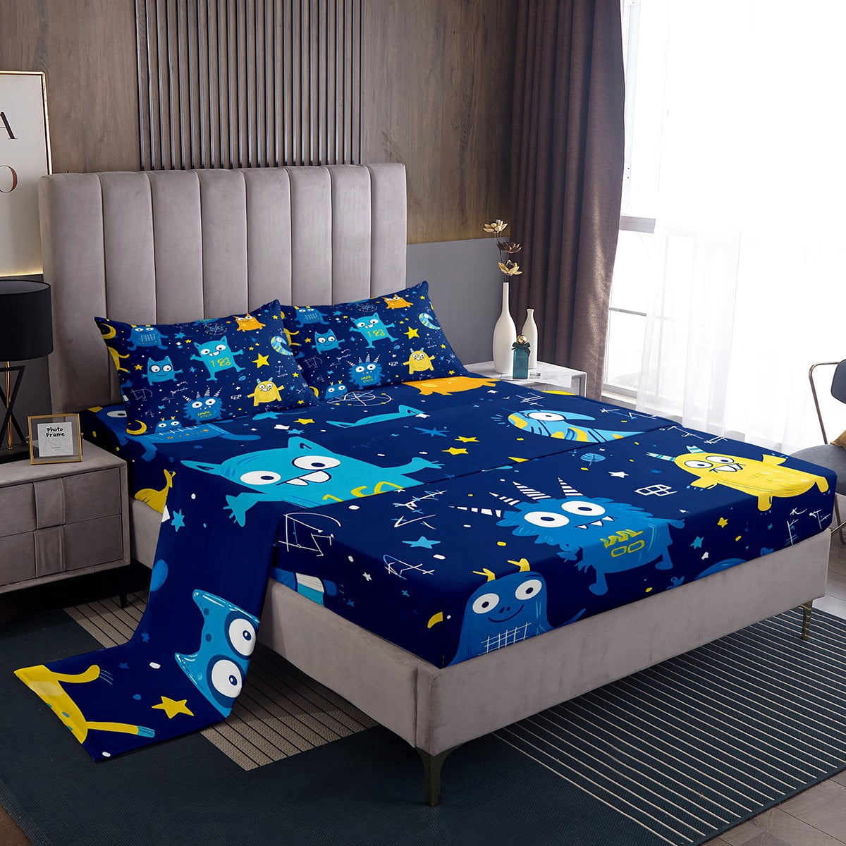 Cartoon Robot Sheet Sets Navy Blue Galaxy Starry Sky King Bed Sheets ...