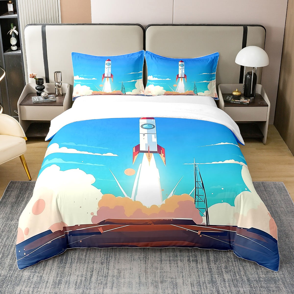 Cartoon Rocket 100% Cotton Duvet Cover Twin,Rocket Bedding Set Teens ...