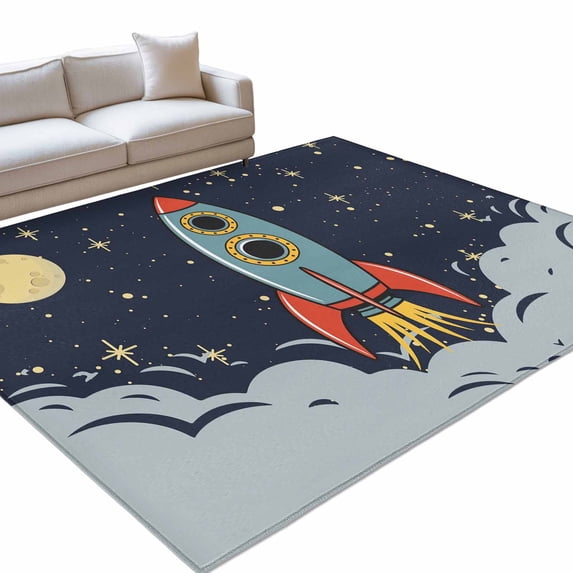 Cartoon Rocket 5x7ft Non Slip Area Rug Moon Stars Night Cute ...